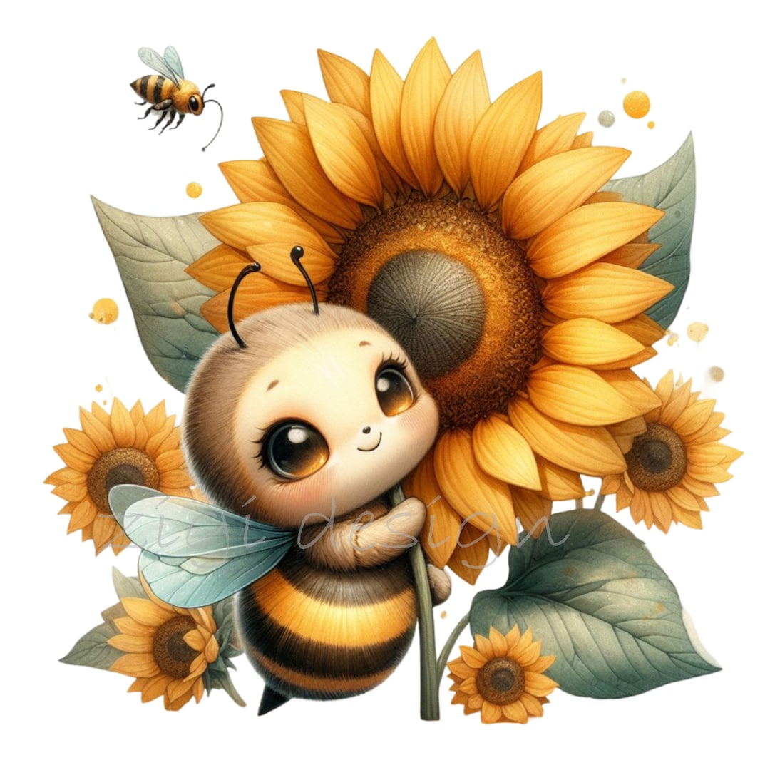 15 Cute Bee With Sunflower PNG Clipart – Adorable Bumblebee Hugging ...