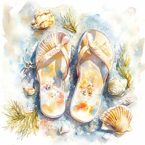 24 JPG Beach Flip Flops Illustration Watercolor, Seashell Summer ...