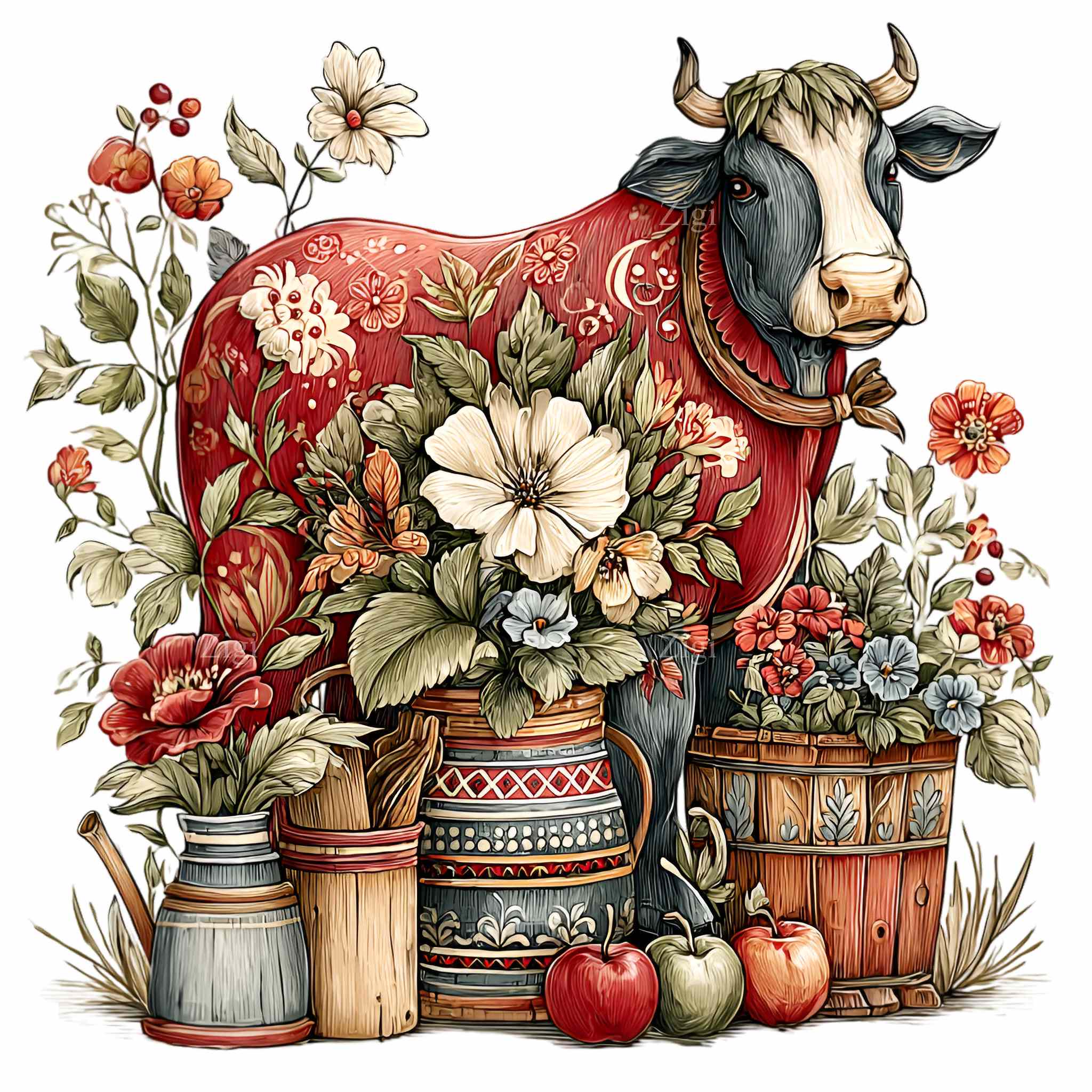 15 PNG Folk Art Cow Floral Farmhouse Clipart, Scandinavian Garden ...