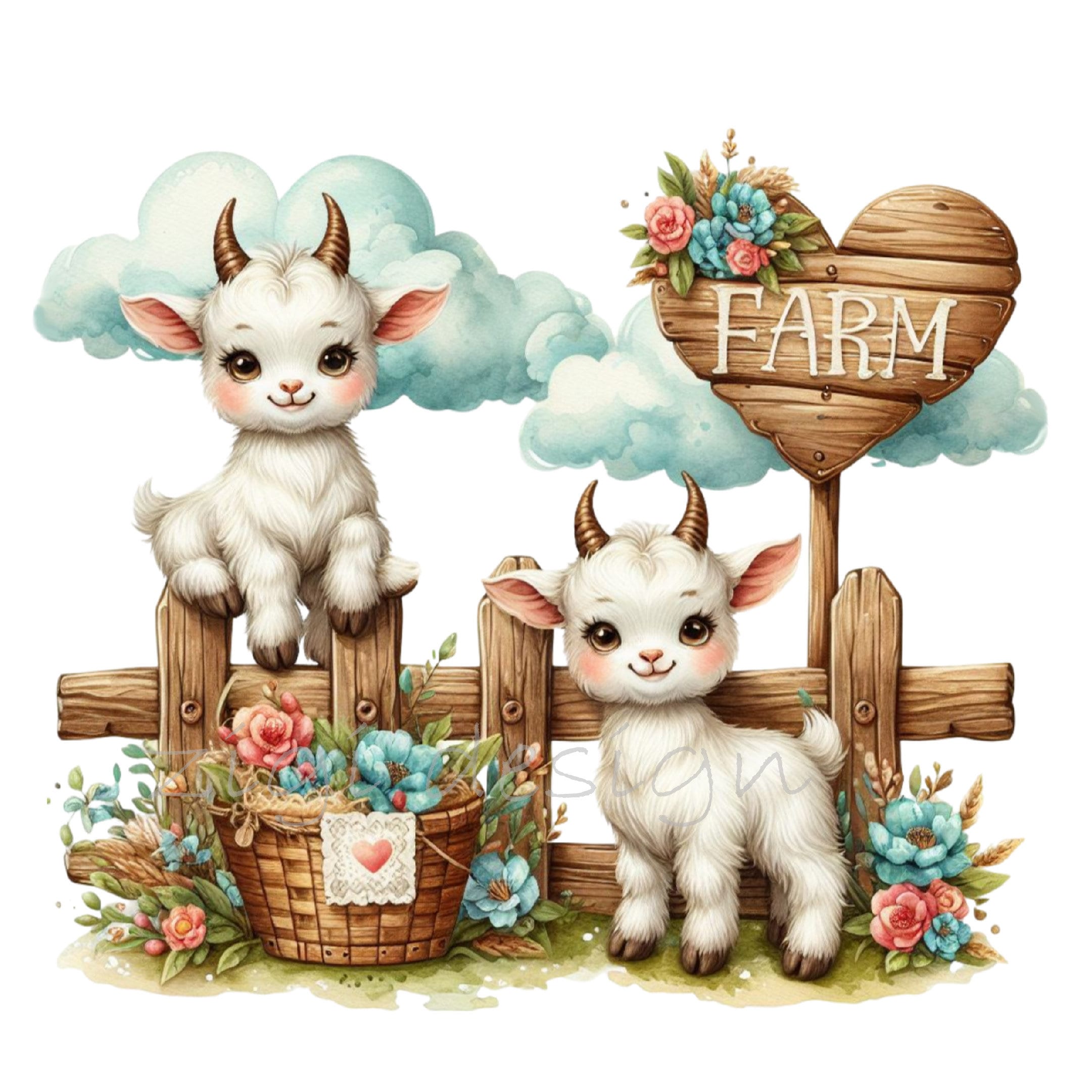 10 PNG Farm Goats Clipart – Baby Goats at Fence With Rustic Farm Sign ...