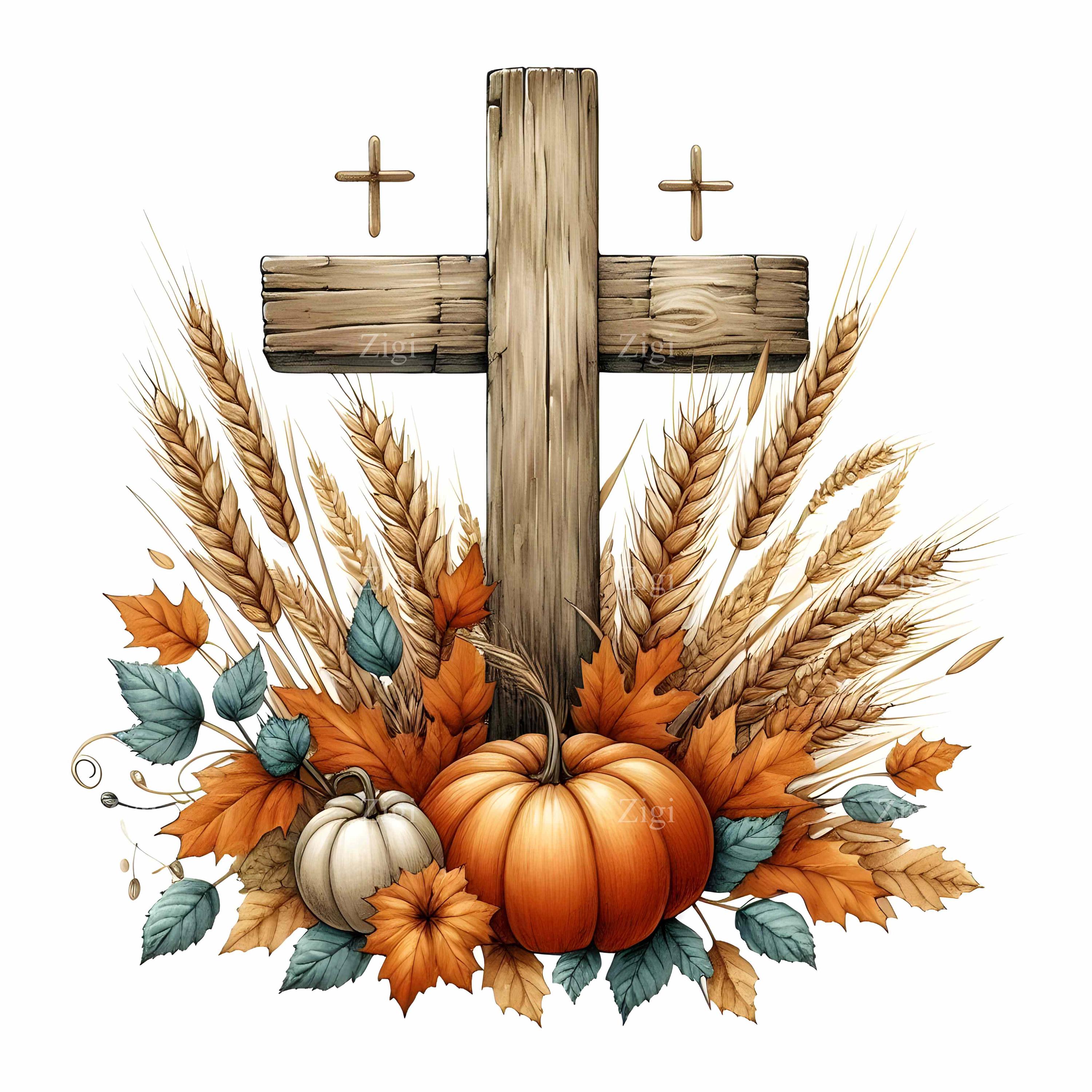 20 JPG Rustic Autumn Cross, Fall Pumpkin Harvest Clipart, Christian ...