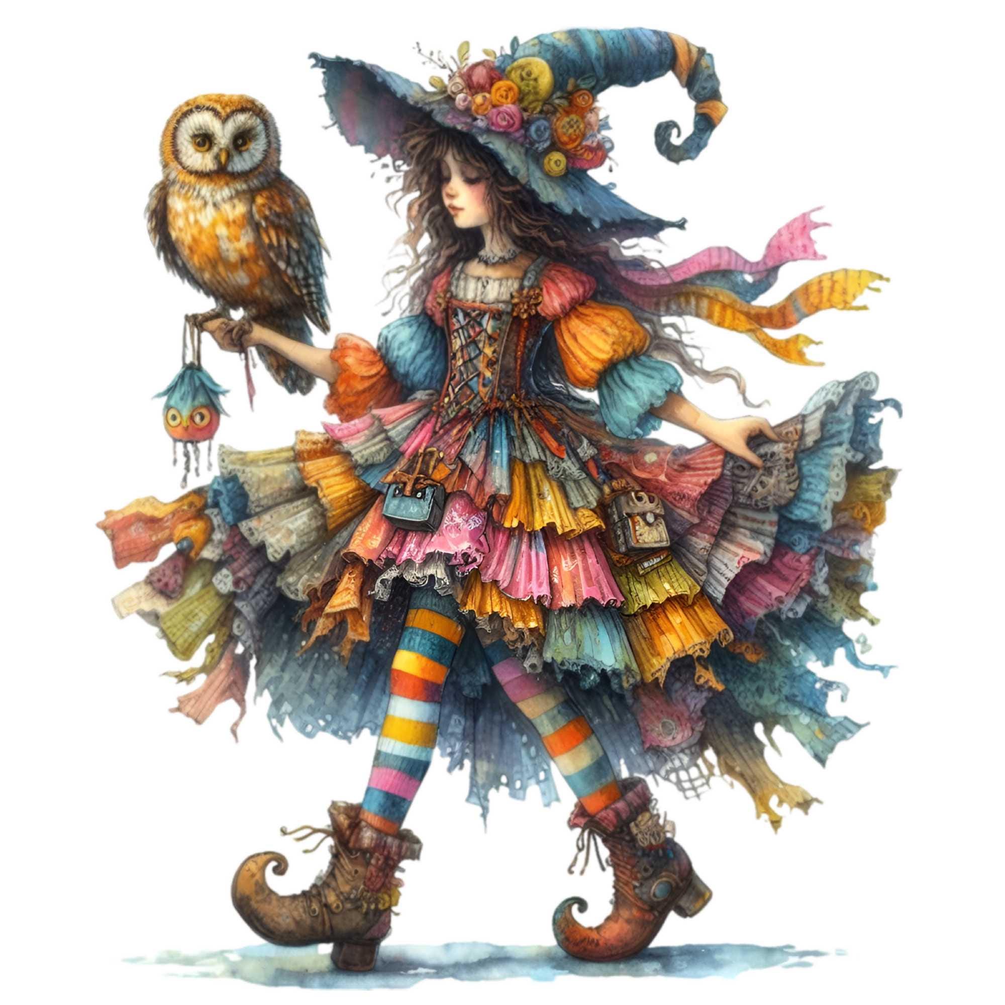 12 PNG Rainbow Witch Clipart – Colorful Fantasy Girl With Owl Digital ...