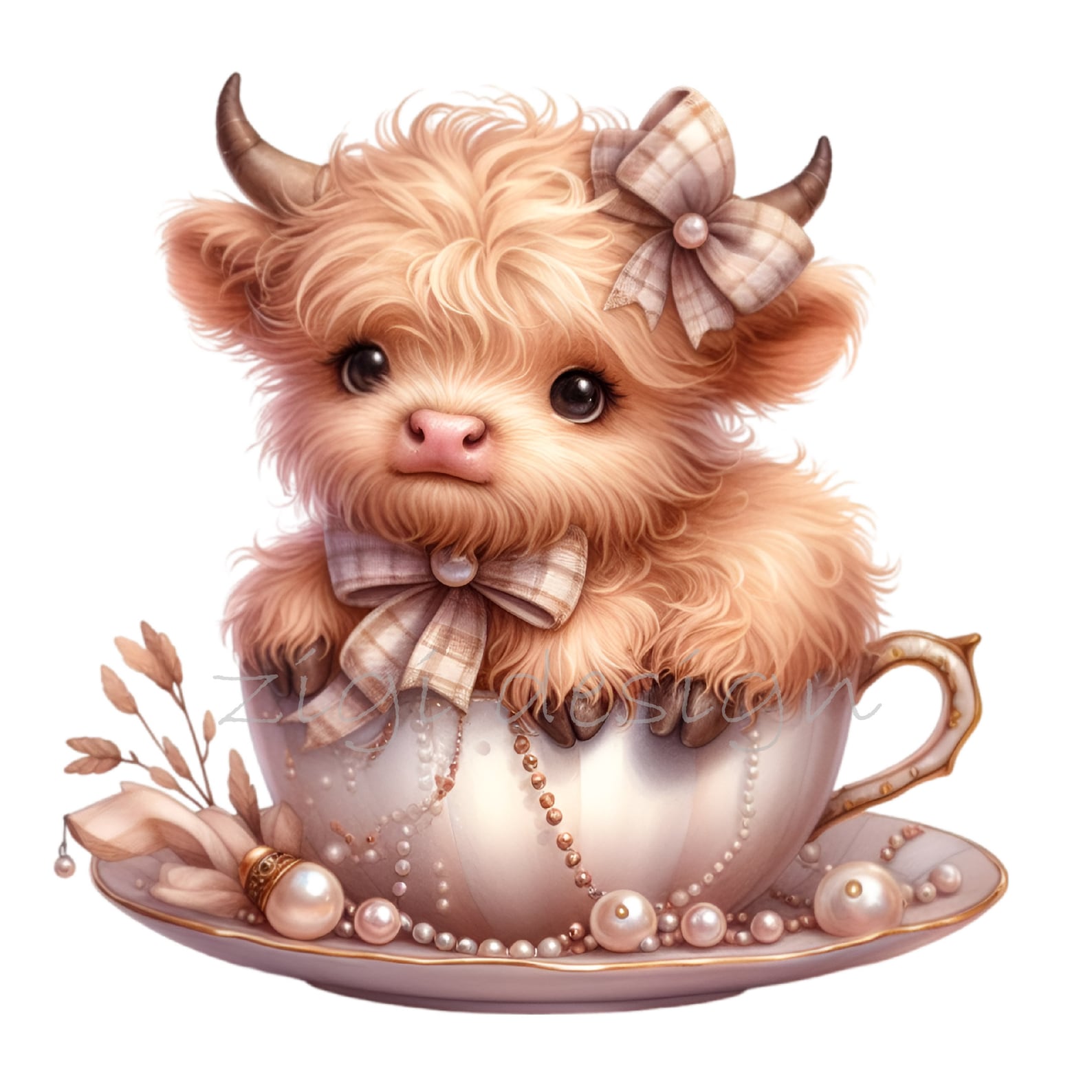 12 PNG Pink Highland Cow Clipart, Teacup Calf Bow Vintage Watercolor - Etsy