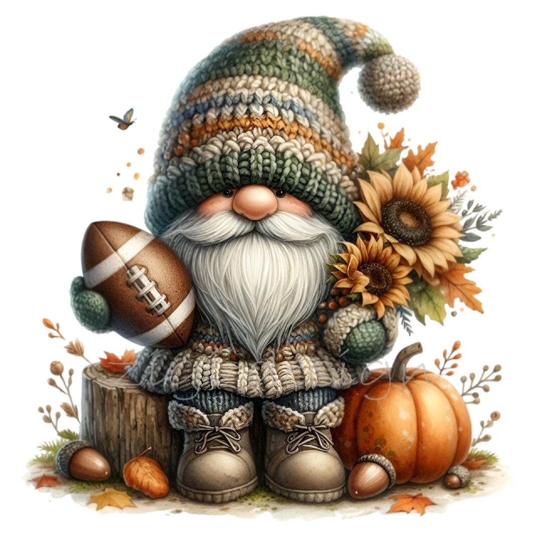 Fall Gnome With Football and Sunflowers Clipart | 15 Cute Autumn Gnome ...