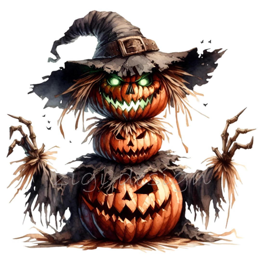 Halloween Pumpkin Scarecrow Clipart Spooky Jack-o'lanterns in Witch Hat ...