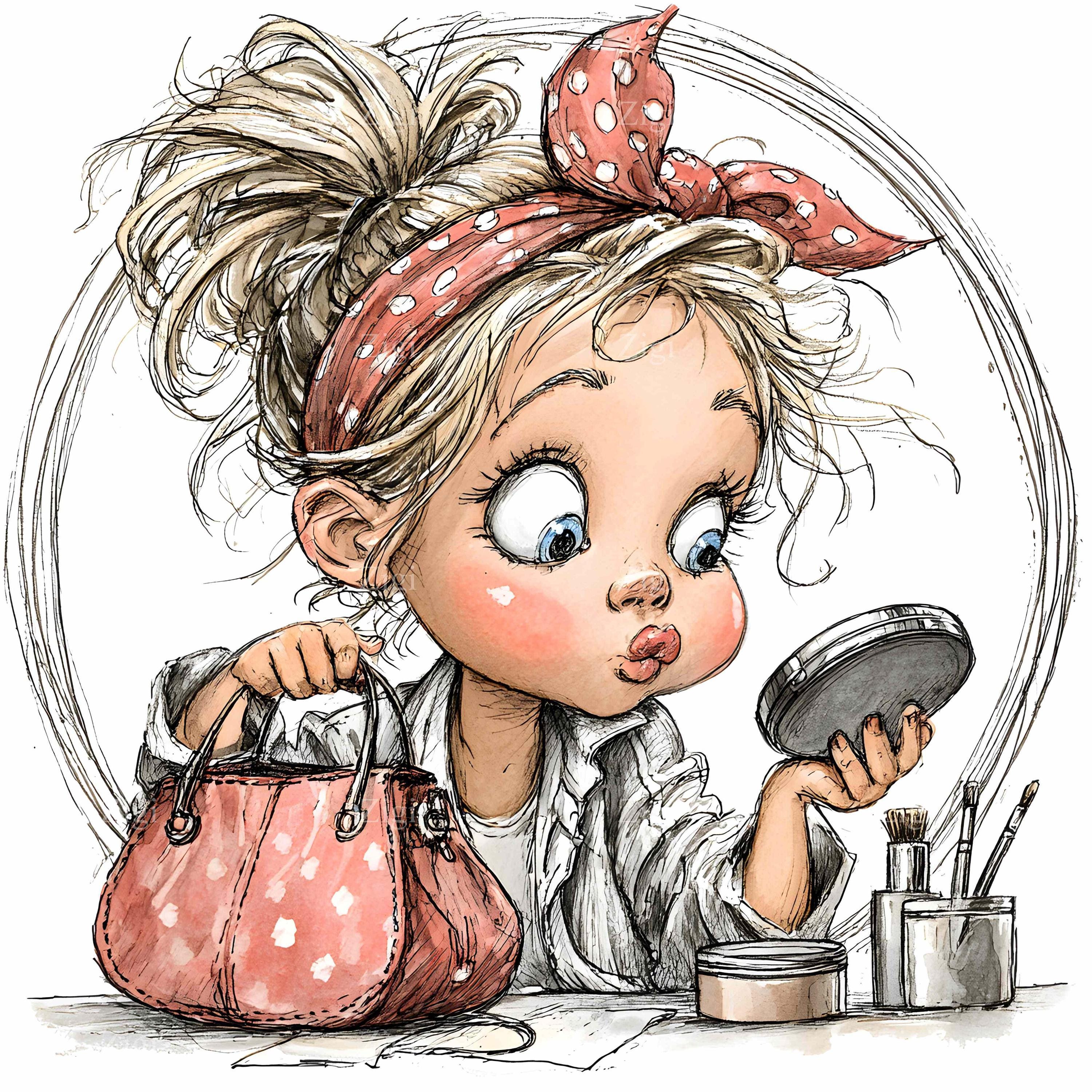 27 JPEG Makeup Girl Clipart – Cute Cartoon JPG – Fun Mirror Scene for ...