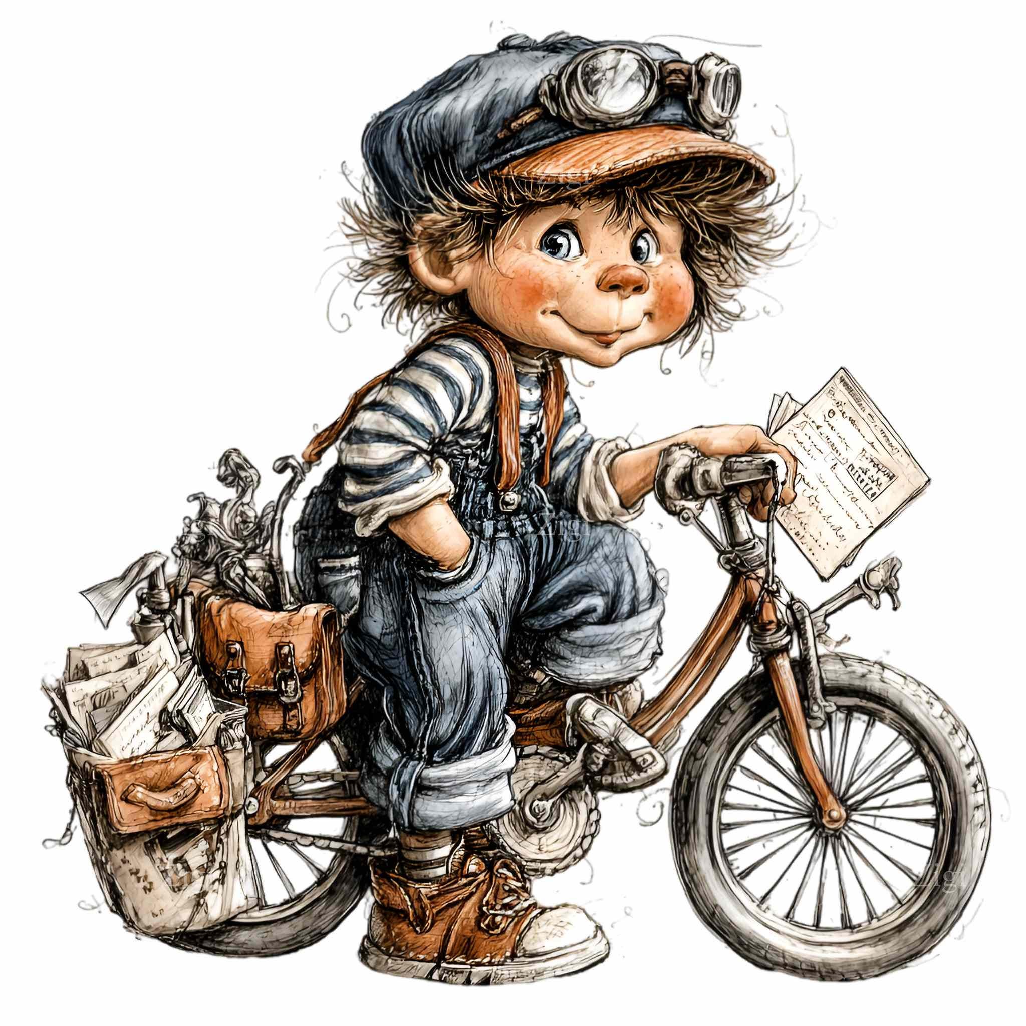15 PNG Vintage Paperboy Bicycle Clipart – Retro Mail Delivery Kid ...