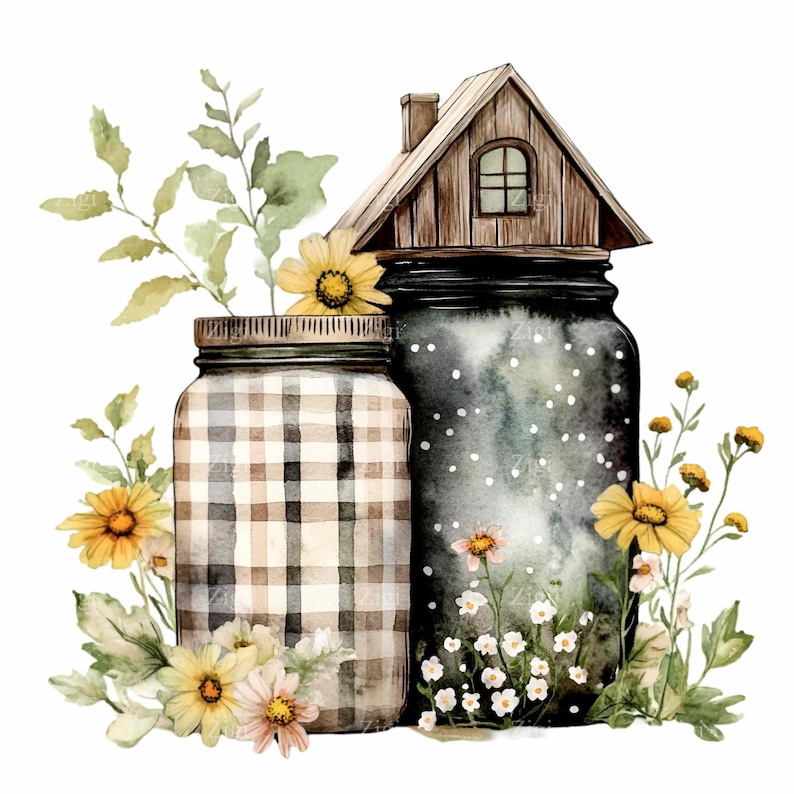 19 PNG Farmhouse Mason Jar, Watercolor Country Flowers, Rustic Cottage ...