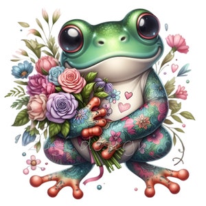 Floral Frog Clipart PNG 15 Cute Frog With Flower Bouquet, Digital ...