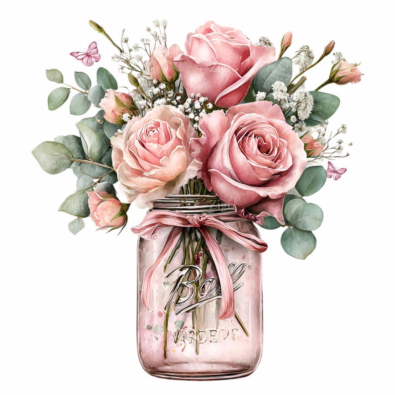 16 PNG Pink Rose Mason Jar Clipart, Watercolor Floral Bouquet, Flower ...