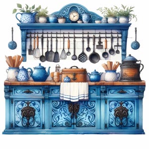 12 PNG Blue White Kitchen Hutch, Vintage Pantry Cabinet Clipart, Rustic ...