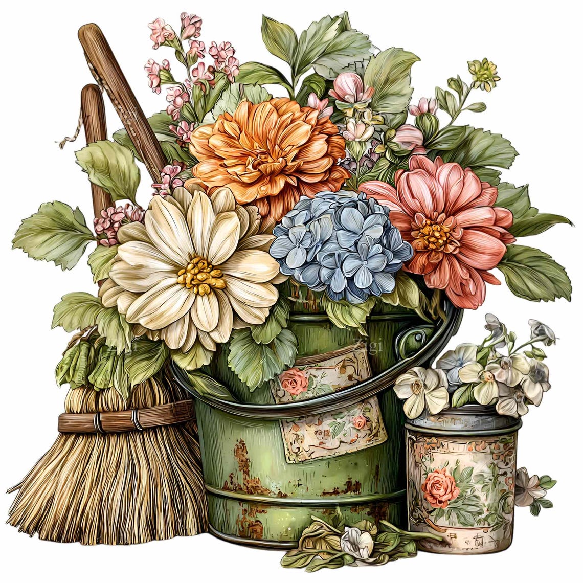 10 PNG Vintage Garden Tools PNG – Floral Bucket Clipart – Rustic Decor ...