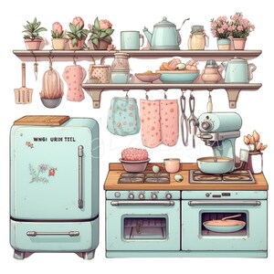 24 Retro Pastel Kitchen PNG Clipart, Vintage Blue Fridge & Stove With ...