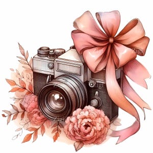 Vintage Camera PNG Clipart, 14 Retro Camera With Pink Bow and Floral ...