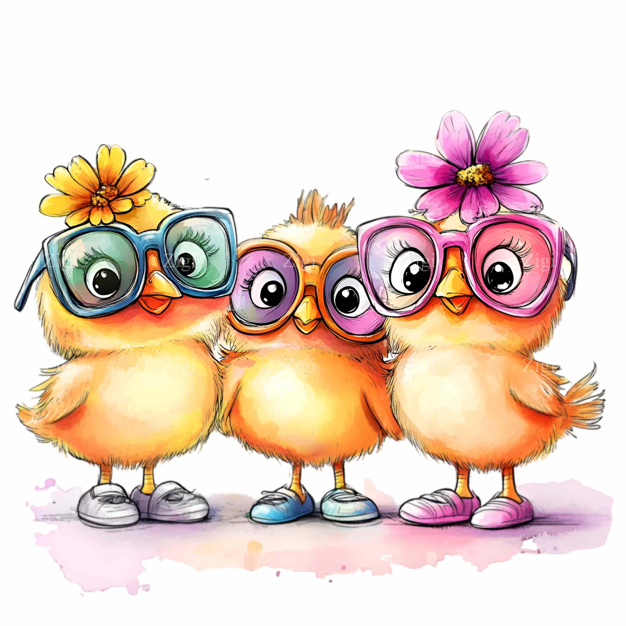 12 Cute Chick Trio PNG Clipart - Adorable Chicks With Glasses and ...