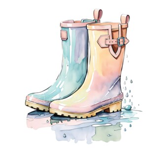 Watercolor Rain Boots Clipart 15 Colorful Garden Boots With Puddle PNG ...