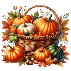 14 Pumpkin Basket PNG Clipart, Autumn Harvest Basket With Fall Leaves ...