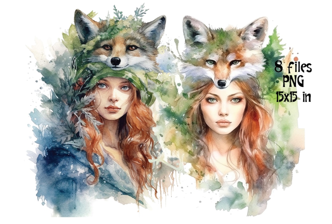 Watercolor Girl Fox Clipart - Etsy