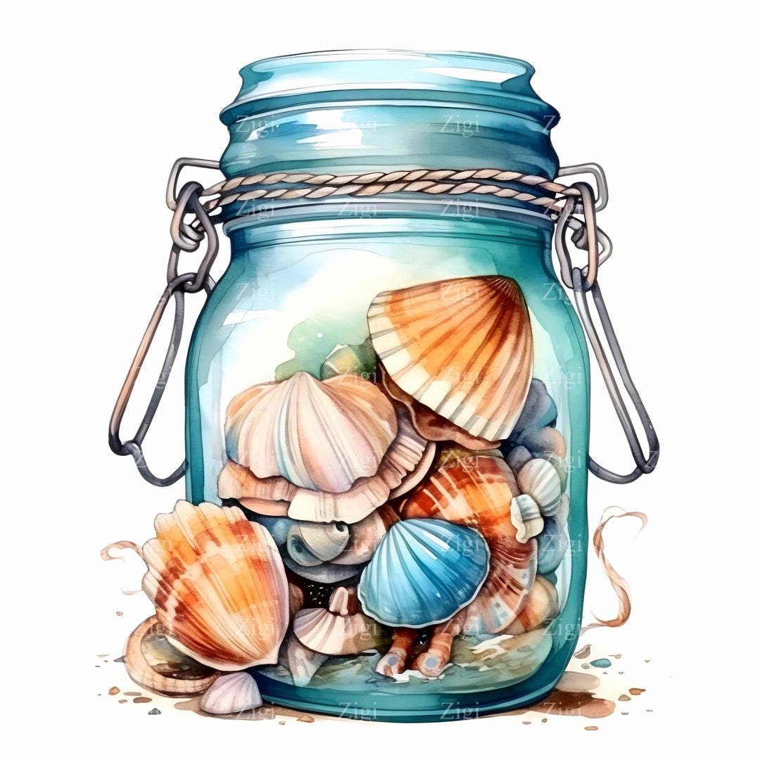 15 JPEG Seashells in Mason Jar Clipart JPEG – Watercolor Illustration ...