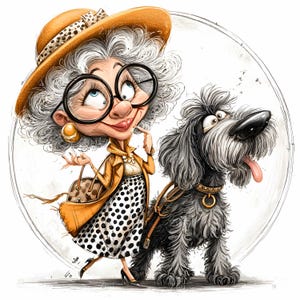 24 JPEG Stylish Grandma and Dog Clipart – Funny Cartoon JPG – Elegant ...