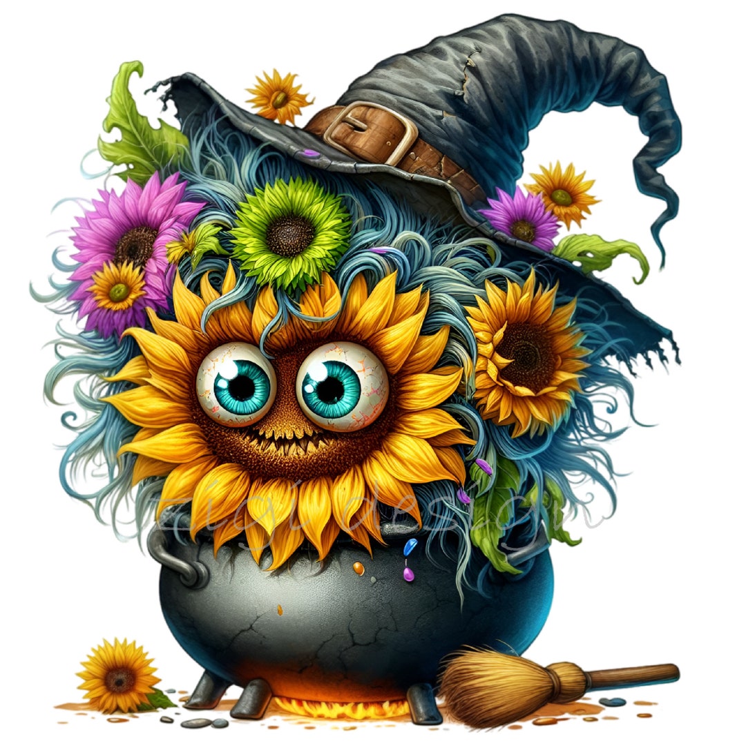 Sunflower Witch Clipart Adorable Halloween 14 PNG Illustration With ...