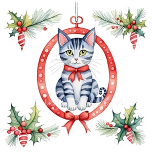 Christmas Cat Clipart 25 Watercolor Festive Kitten With Santa Hat and ...