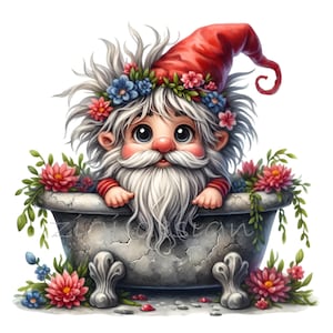 15 Spa Gnome Clipart PNG | Cute Bathtub Gnome With Flowers & Makeup ...