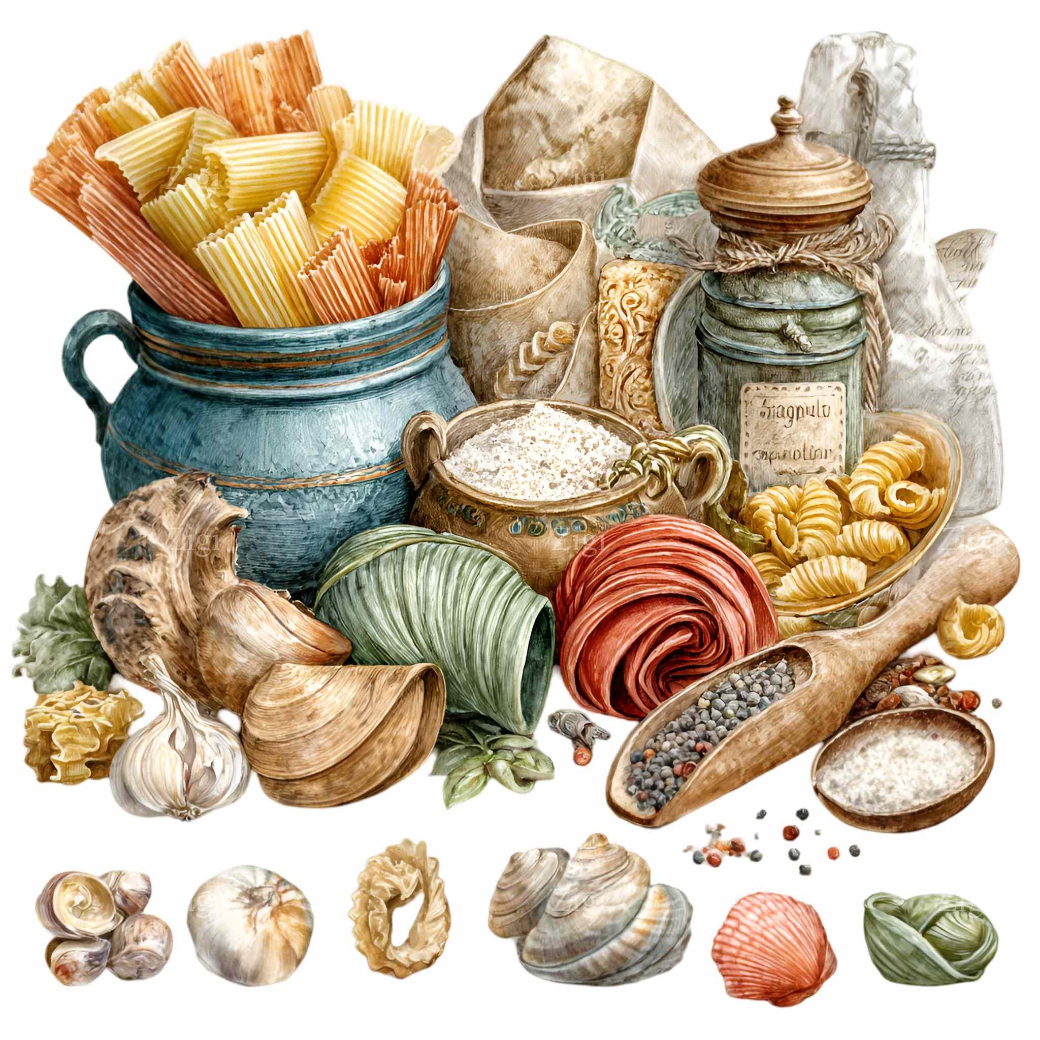 14 PNG Italian Pasta Clipart – Farfalle Noodles Herbs Illustration ...
