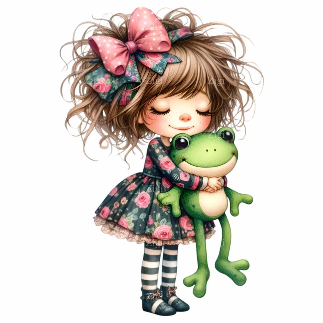 14 Cute Girl Hugging Frog PNG Clipart – Messy Hair Girl in Floral Dress ...