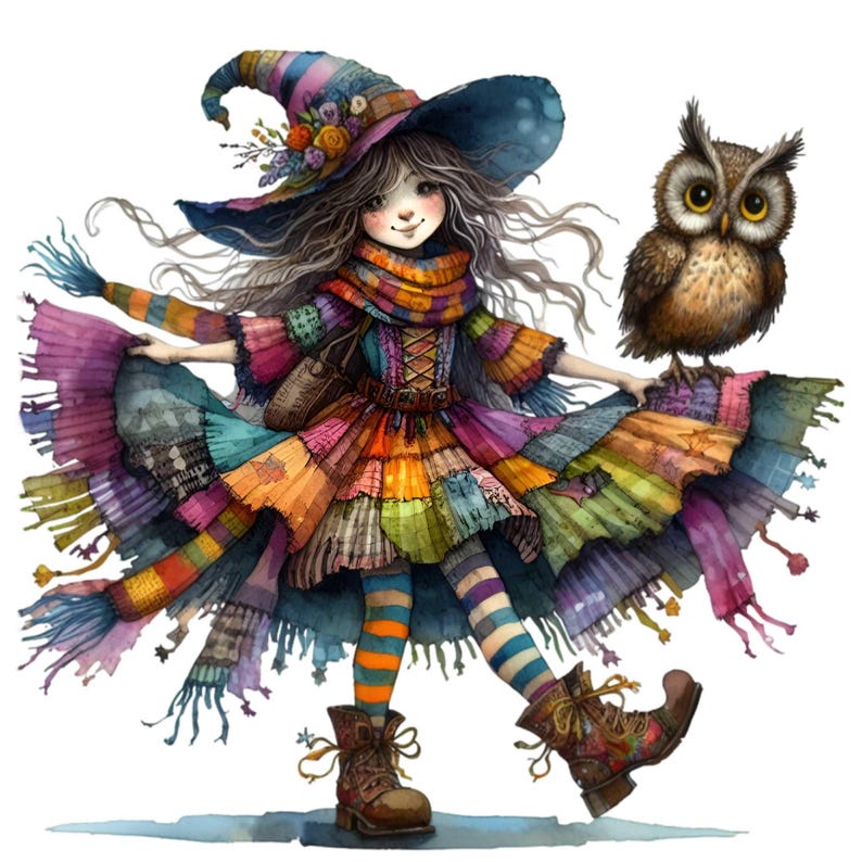 12 PNG Rainbow Witch Clipart – Colorful Fantasy Girl With Owl Digital ...