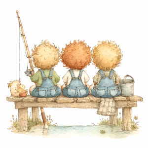 16 PNG Fishing Kids Clipart – Three Children on Pier PNG – Rustic ...