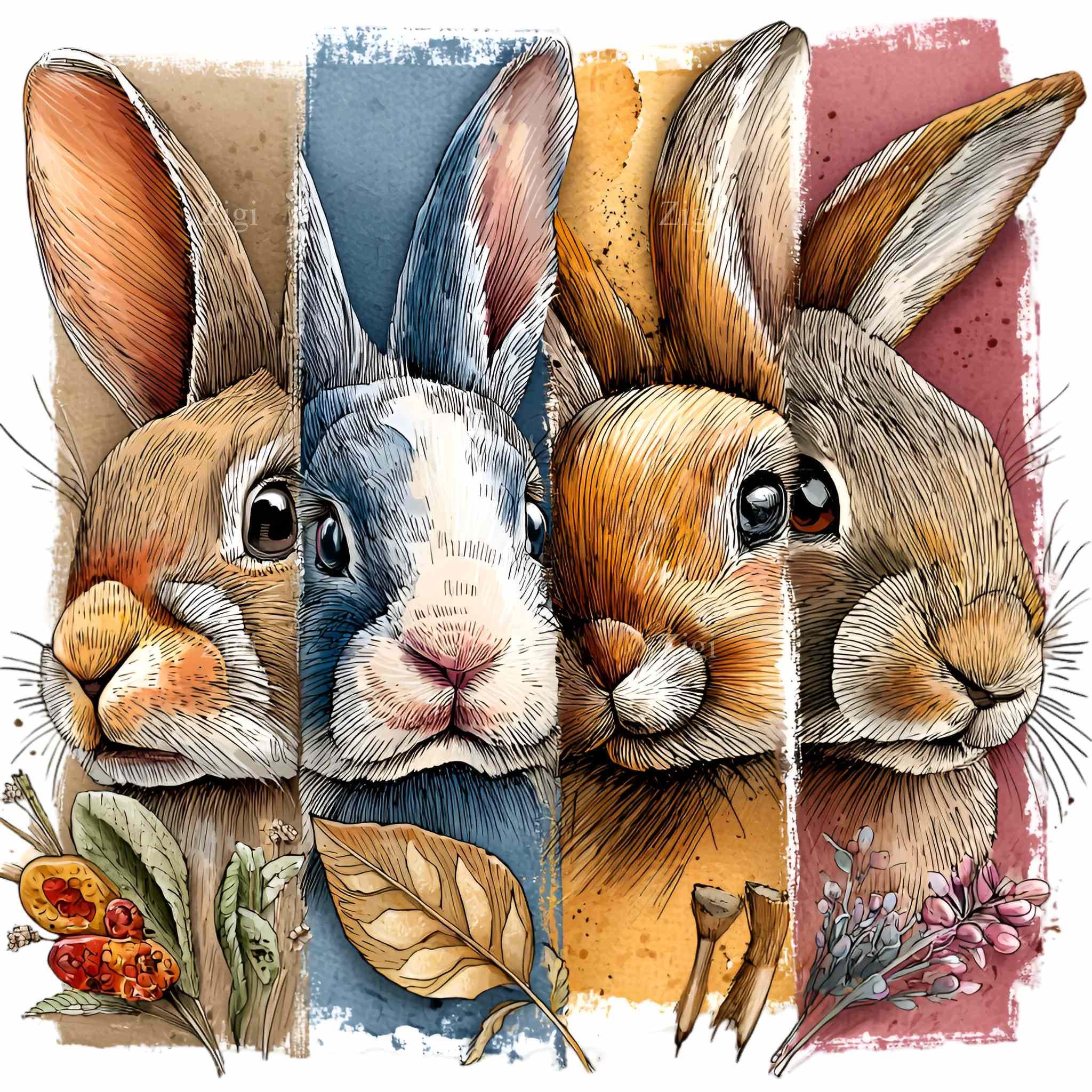 10 PNG Woodland Bunny, Botanical Rabbit Clipart, Watercolor Animal ...