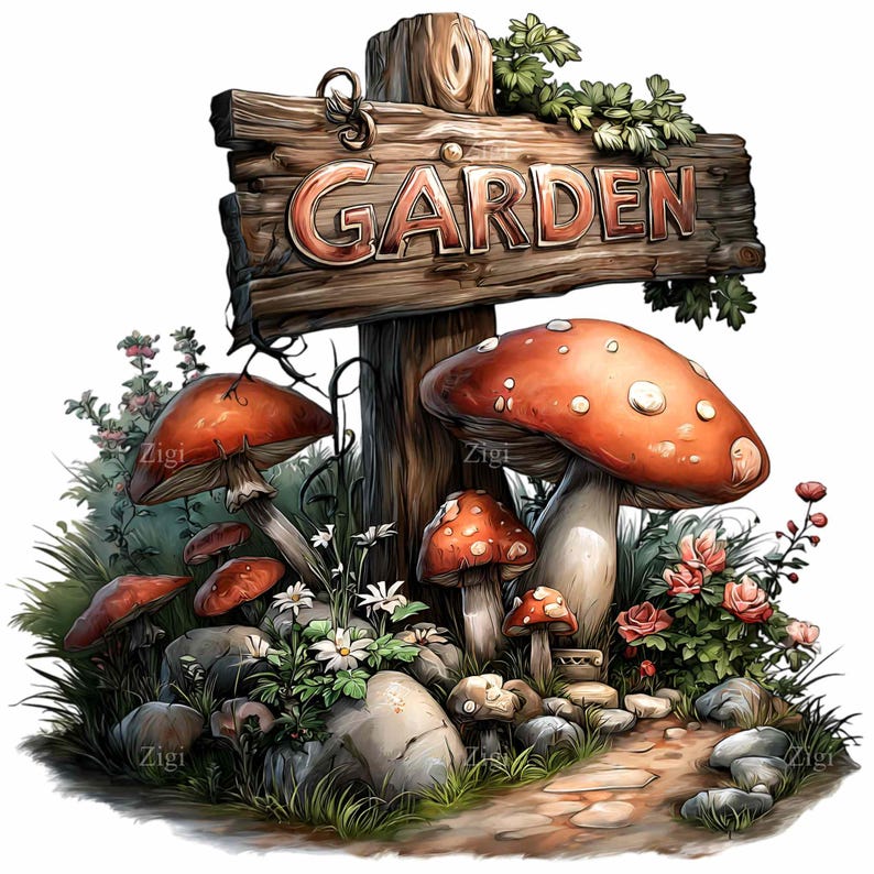 16 PNG Watercolor Mushroom House Clipart, Garden Sign Fairy Cottage ...
