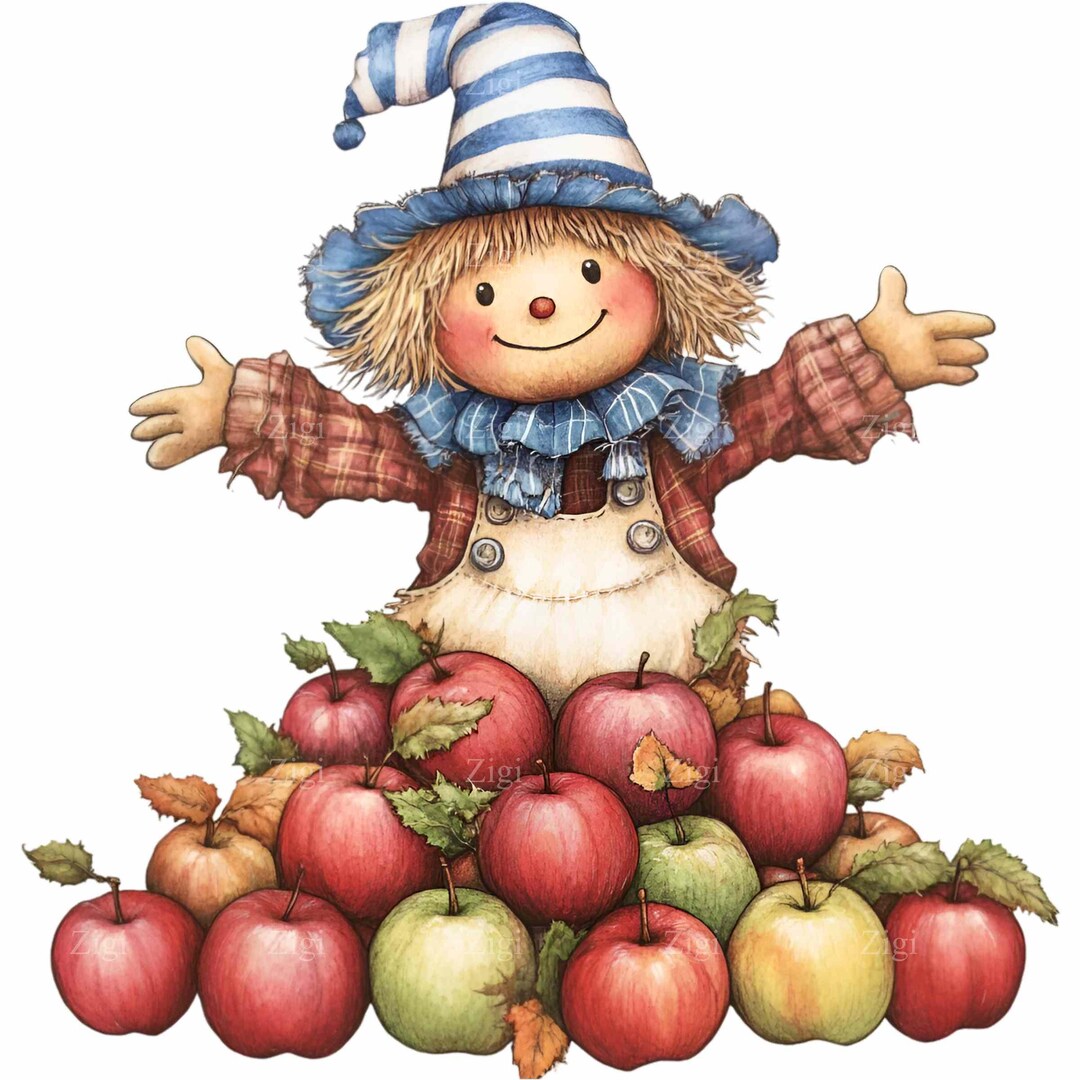 14 Scarecrow With Apples PNG Clipart – Cute Fall Harvest Illustration ...