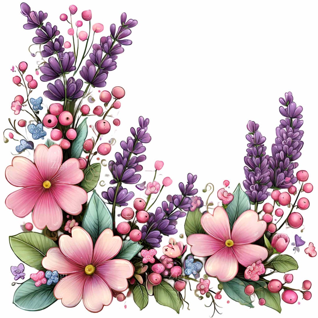 16 PNG Floral Corner Clipart – Pink Lavender Flower Border Illustration ...