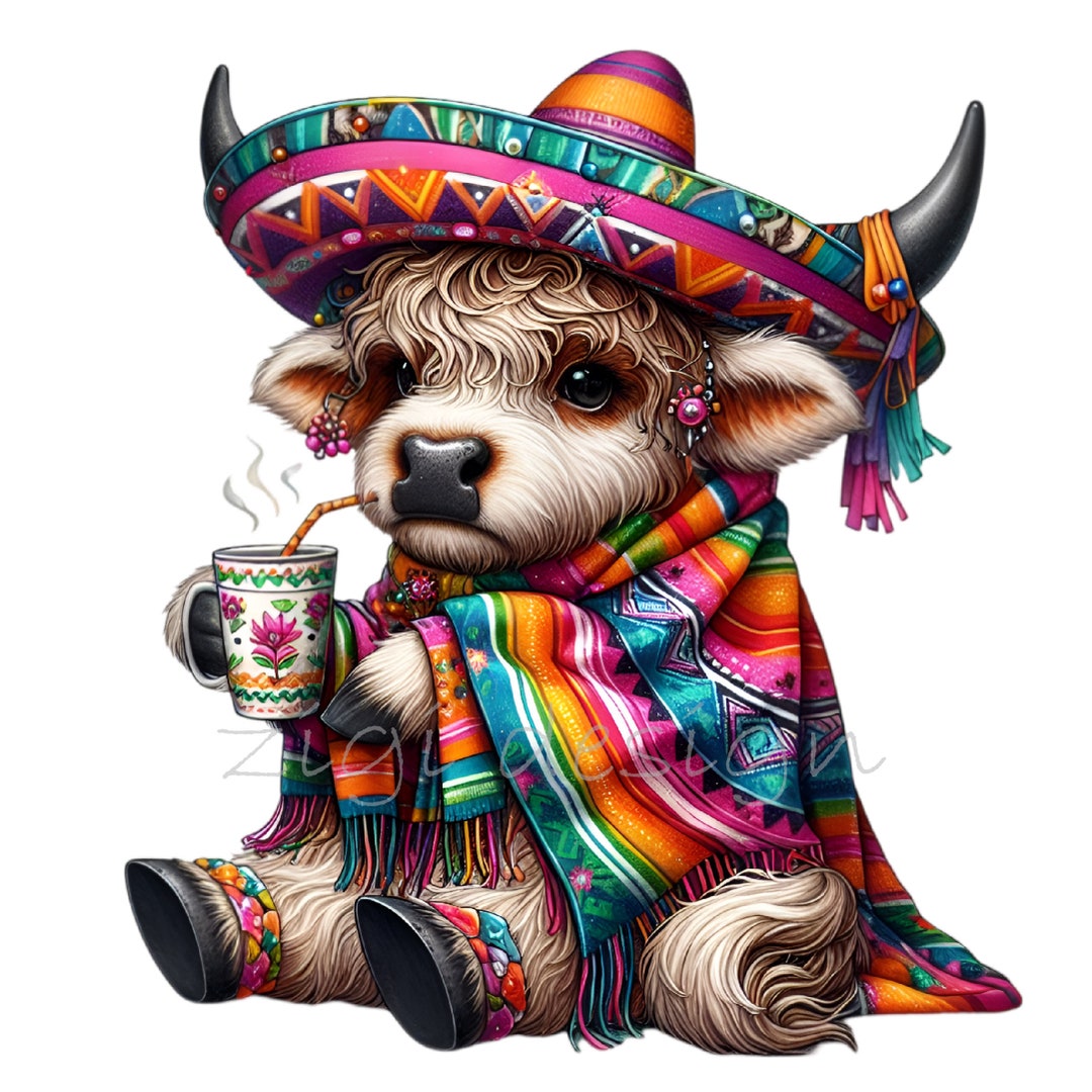 Adorable Mexican Cow Clipart PNG, 12 Cute Cow in Sombrero and Poncho ...