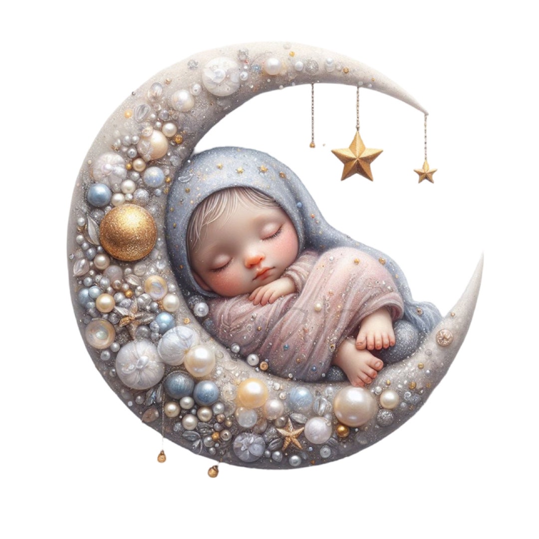 Sleeping Baby on Moon PNG Clipart, 15 Dreamy Baby With Stars, Nursery ...