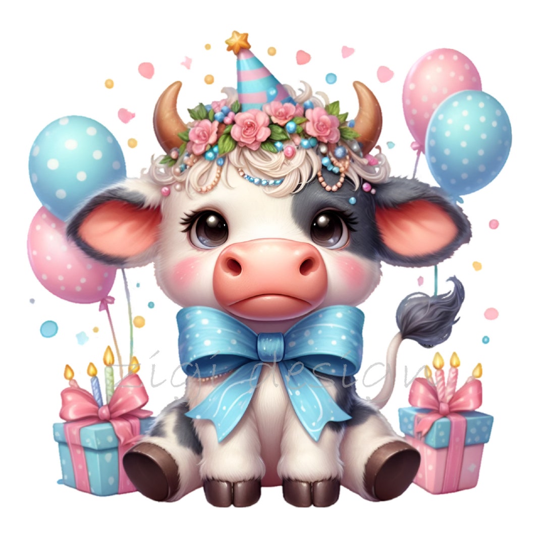 Birthday Cow Clipart PNG 12 Adorable Cow With Party Hat and Balloons ...