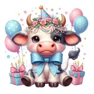 12 PNG Birthday Baby Cow Clipart – Farm Animal Party Hat Balloons Gifts ...