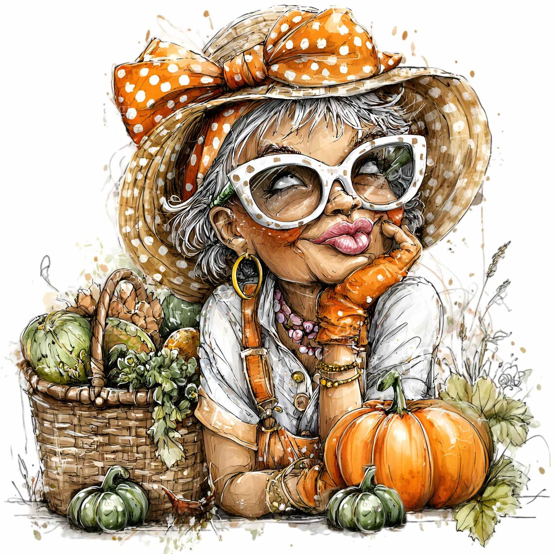 12 PNG Pumpkin Fall Lady Clipart, Autumn Harvest Sublimation Watercolor ...