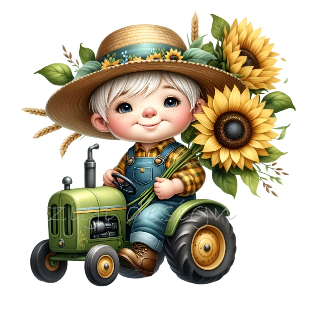 12 Farmer Boy PNG Clipart Cute Kid on Tractor With Sunflowers Farm ...