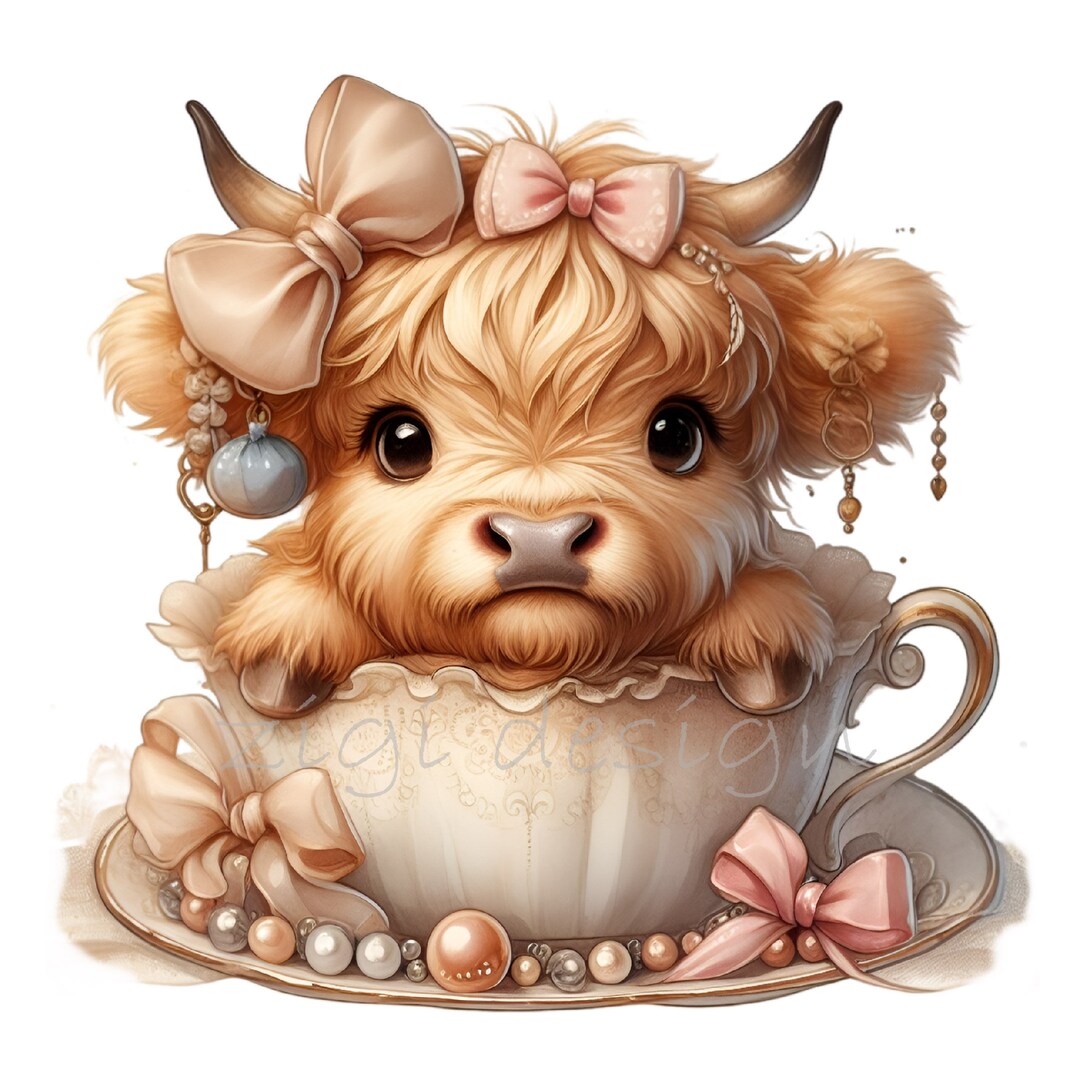 12 PNG Pink Highland Cow Clipart, Teacup Calf Bow Vintage Watercolor - Etsy