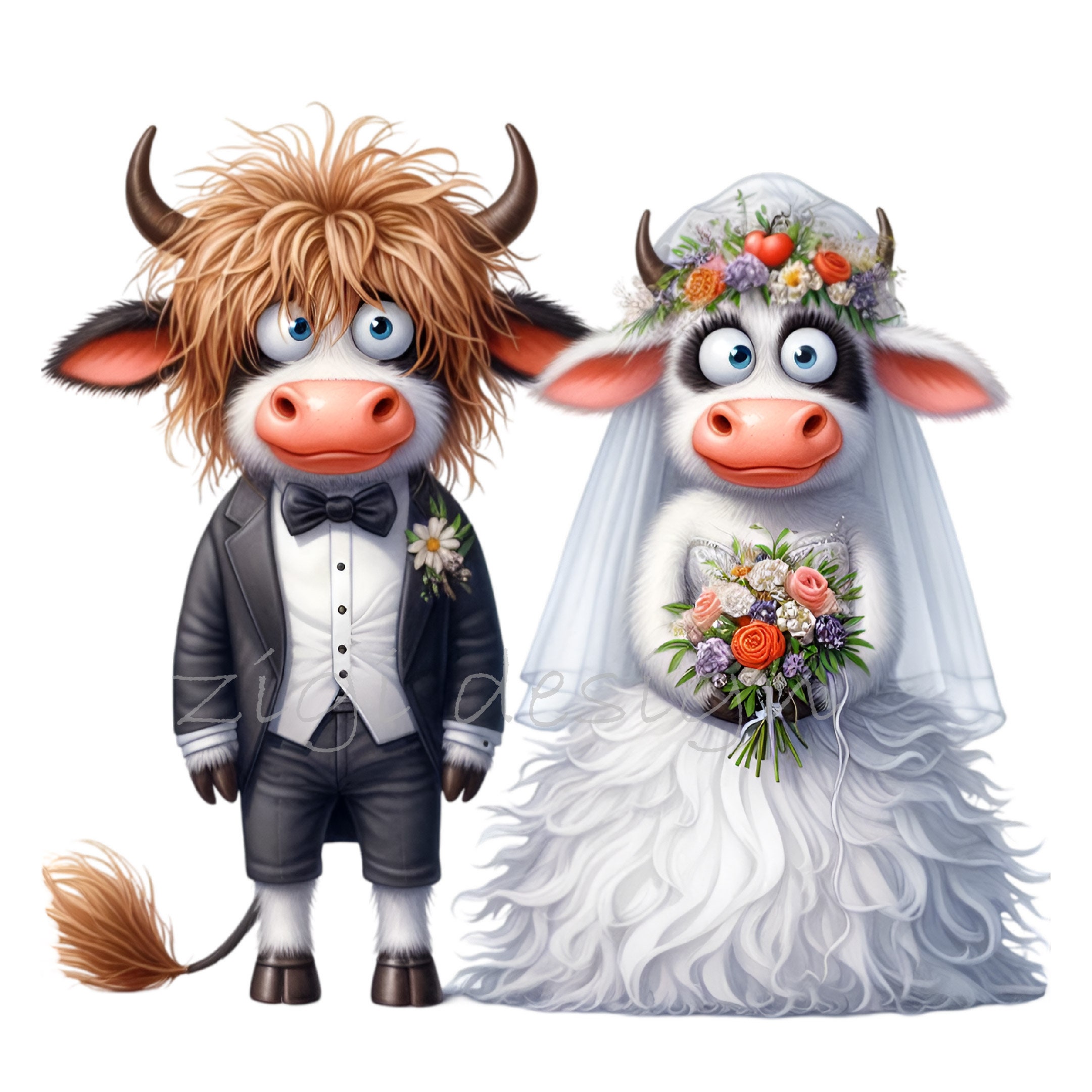Cute Cow Wedding Couple Clipart 12 PNG - Bride and Groom Cows in ...