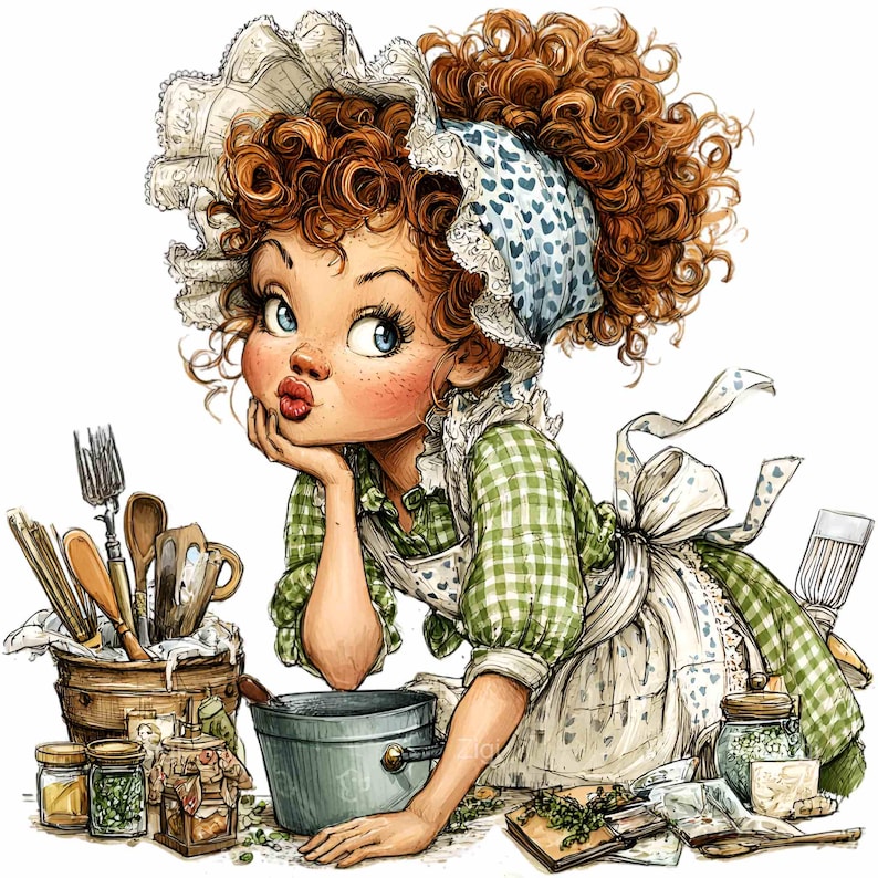 11 PNG Vintage Girl Cooking Clipart – Redhead Baking PNG – Kitchen Art ...