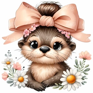 15 Otter PNG Clipart, Otter With Bow and Flowers, Cute Animal Digital ...