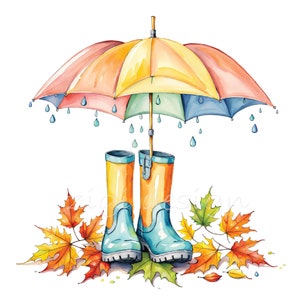 Autumn Rain Boots Clipart, 15 Fall Leaves Umbrella PNG, Watercolor ...