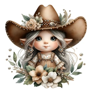 Western Elf PNG Clipart 10 Adorable Elf Girl in Floral Cowboy Hat ...
