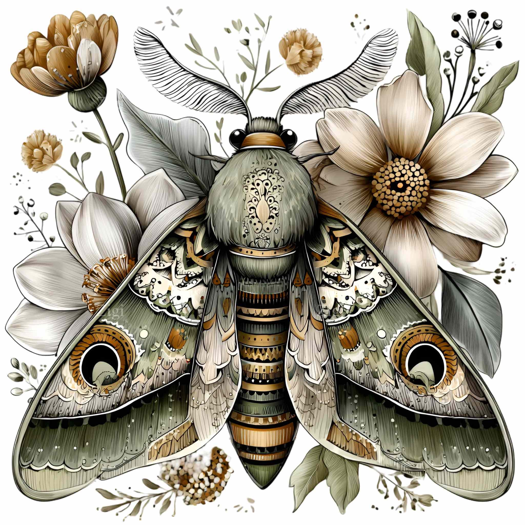 11 PNG Moth With Flowers Clipart – Rustic Insect PNG – Nature Art for ...
