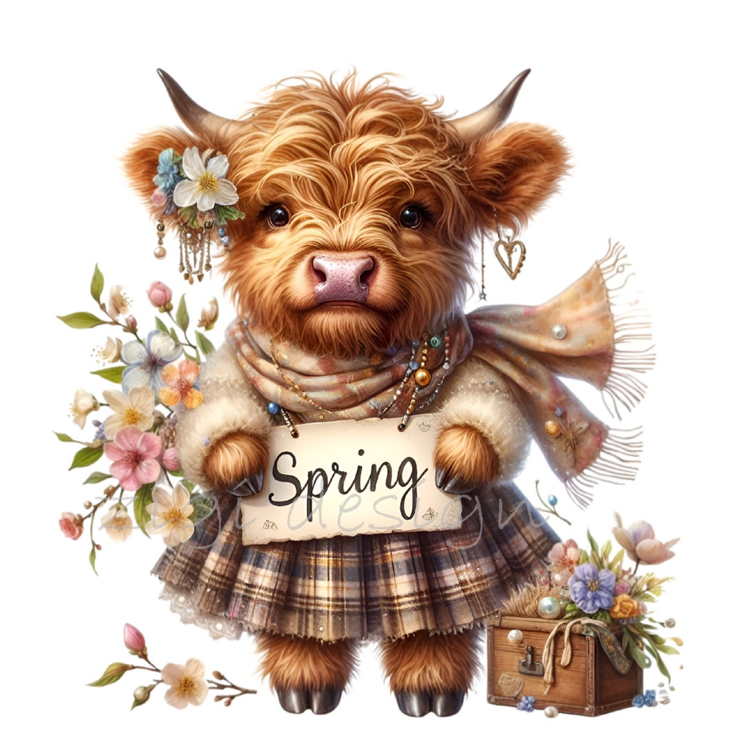 12 Spring Highland Cow Clipart PNG, Cute Cow in Plaid Skirt Holding ...