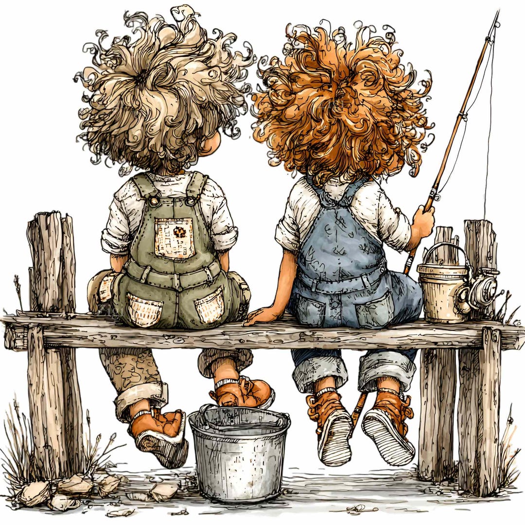 10 PNG Fishing Kids Clipart – Rustic Boy Friends on Pier PNG ...